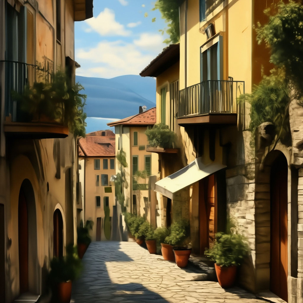 "The streets of Bellagio are sunny, with a good mood acrylic, detailed ...