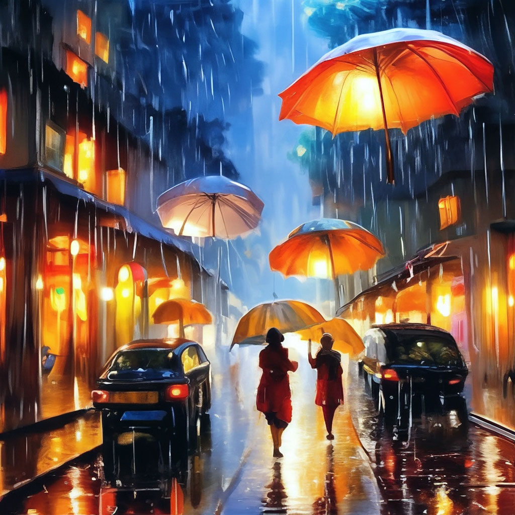 "Torrential rain on the autumn city, night, lanterns, bright umbrellas ...