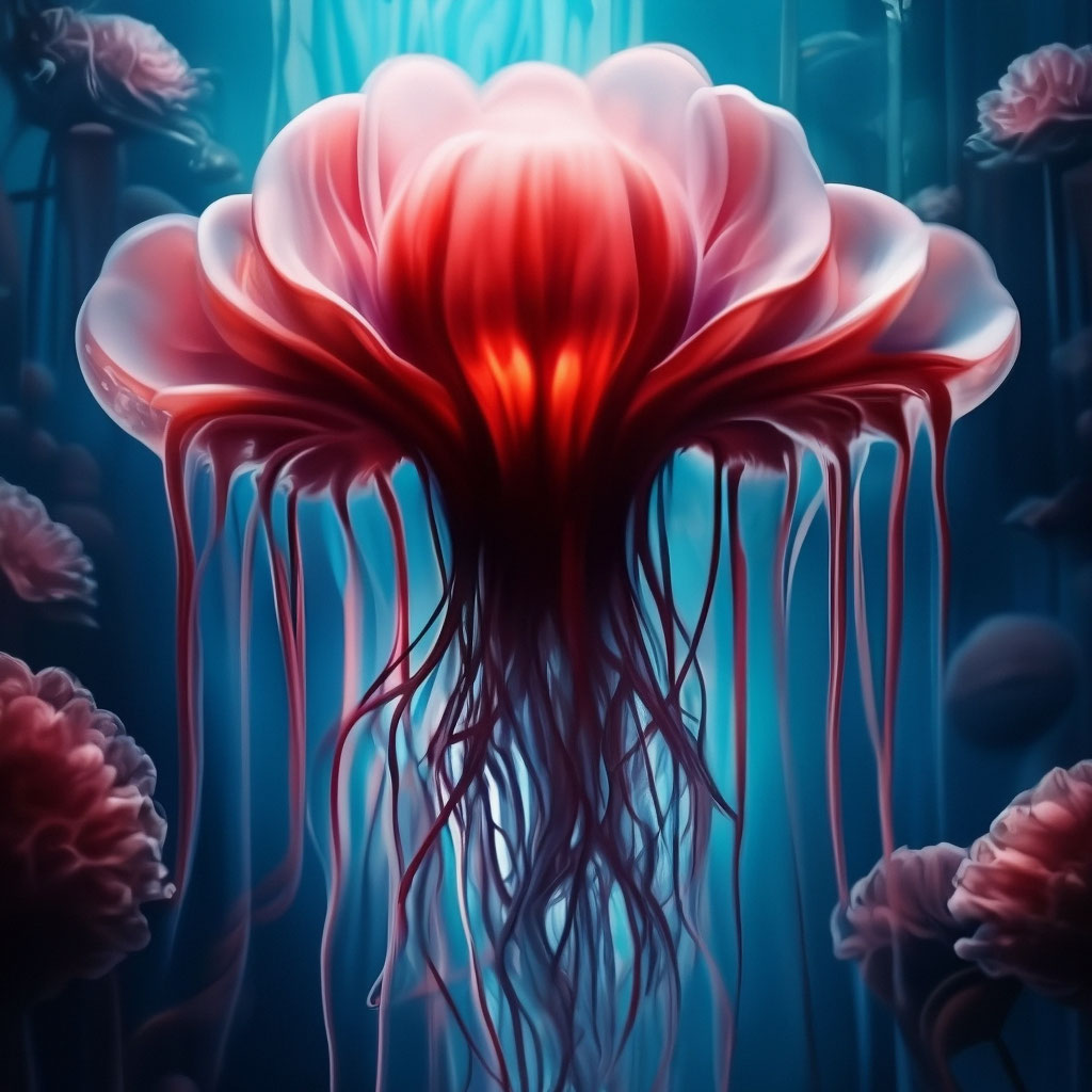 ". symbiosis of a jellyfish with a flower, symbiotic creature ...