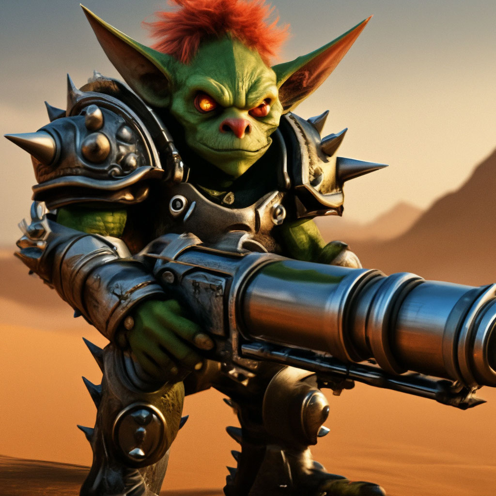 "WarCraft universe, a goblin in the desert with a cannon" — image ...