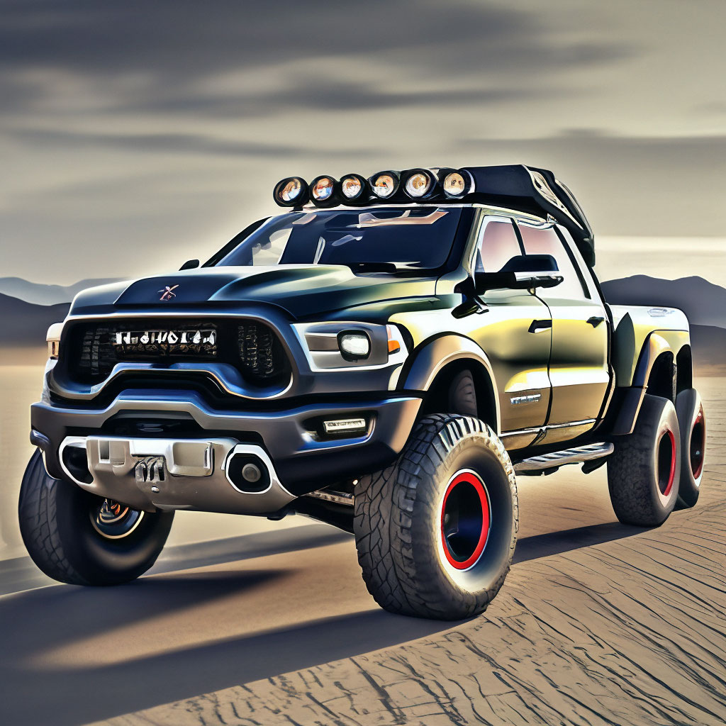 "RAM 1500 TRX six-wheeled" — image created in Shedevrum