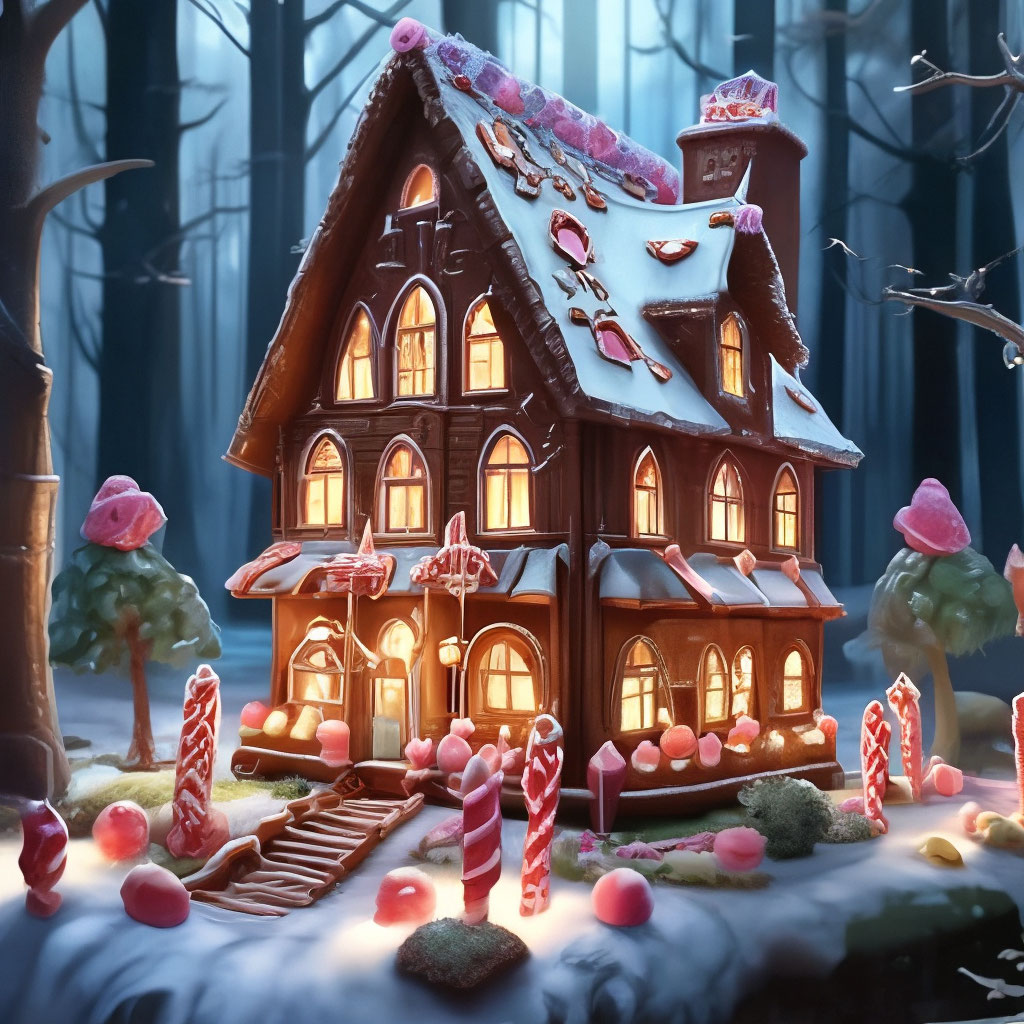 "Watercolor painting. A gingerbread house in a remote forest. Lollipop ...