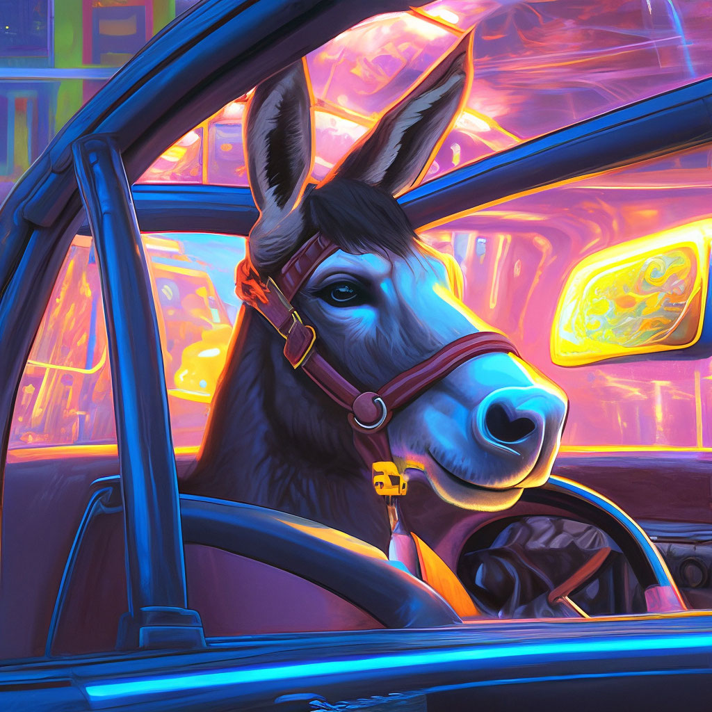 "A donkey driving a car" — image created in Shedevrum