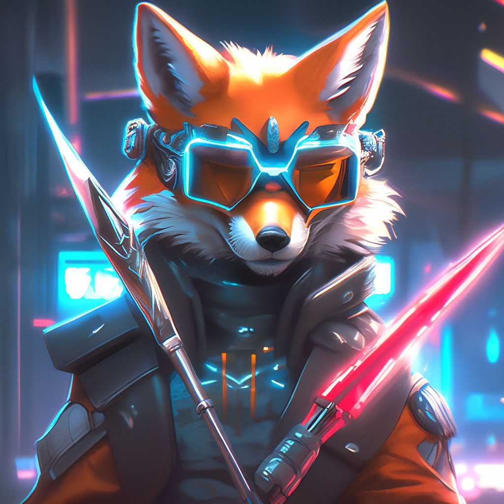"Cyber punk fox wearing glasses with a spear" — image created in Shedevrum