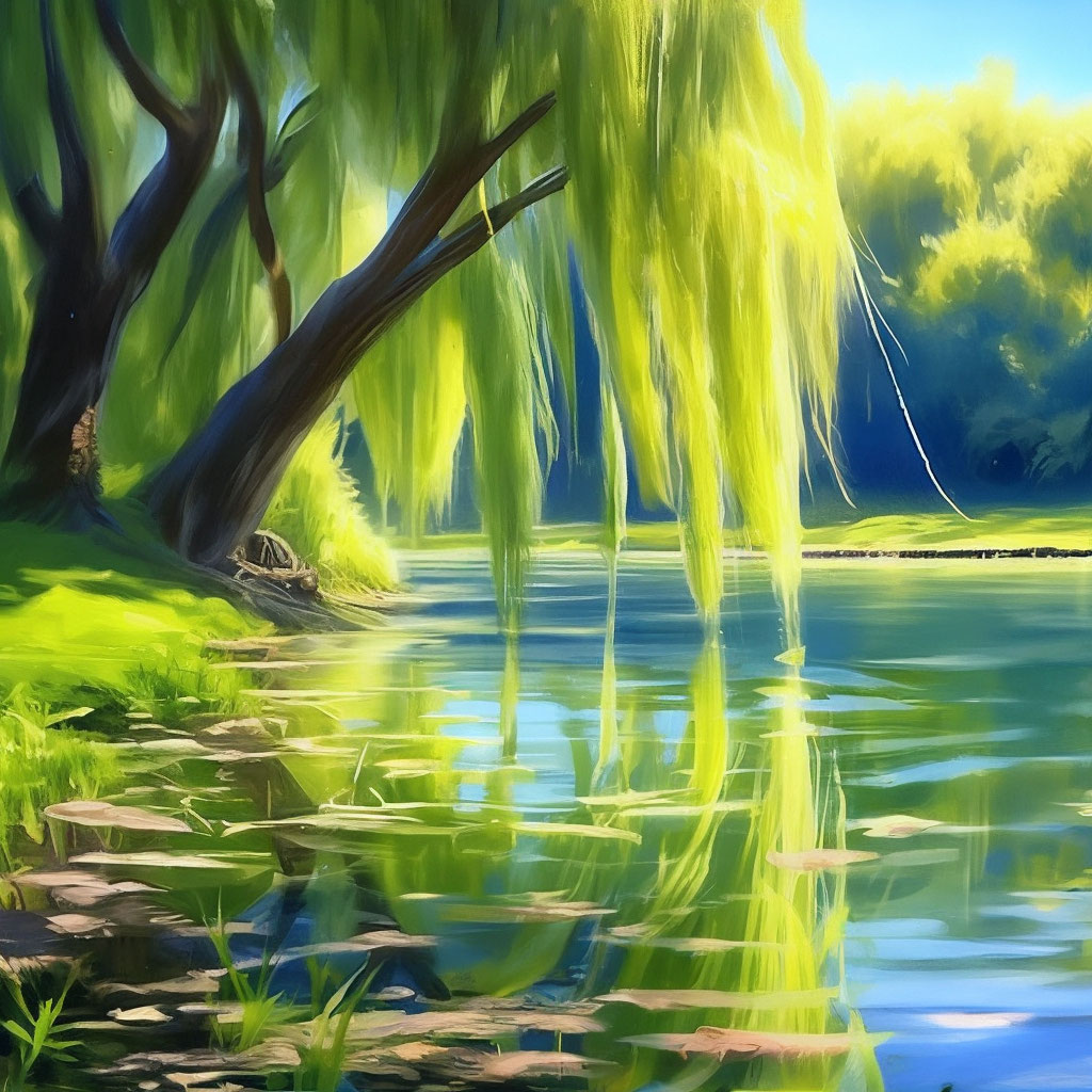 "A clean shallow river with strands of algae in clear water,a large ...