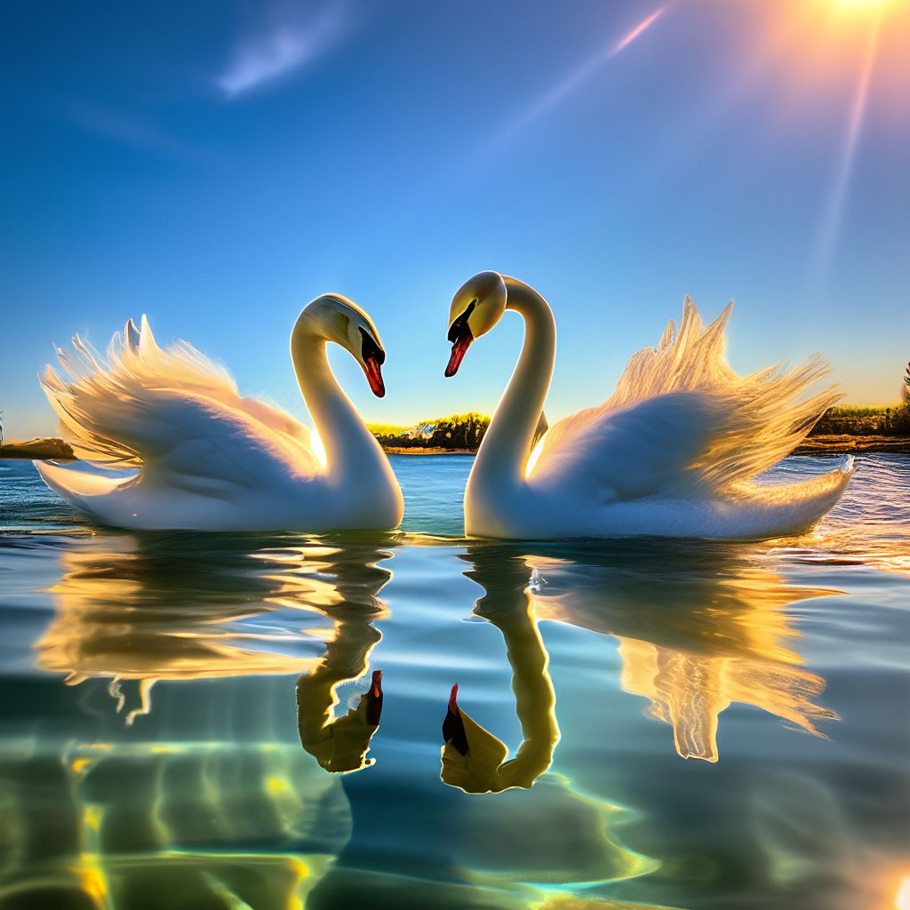 "A Swan girl and a Swan Guy swim towards each other, looking at the ...
