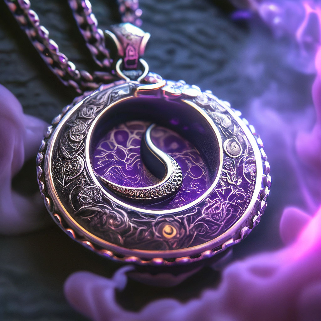 "A very beautiful silver amulet in the form of a crescent, black chains ...