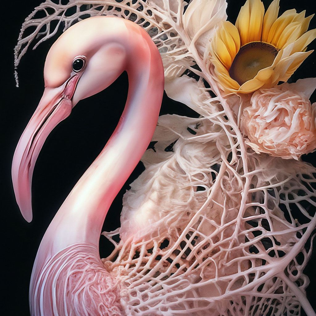 "Watercolor photo, ethnos. fantastic skeletonized sunflower+flamingo.a ...