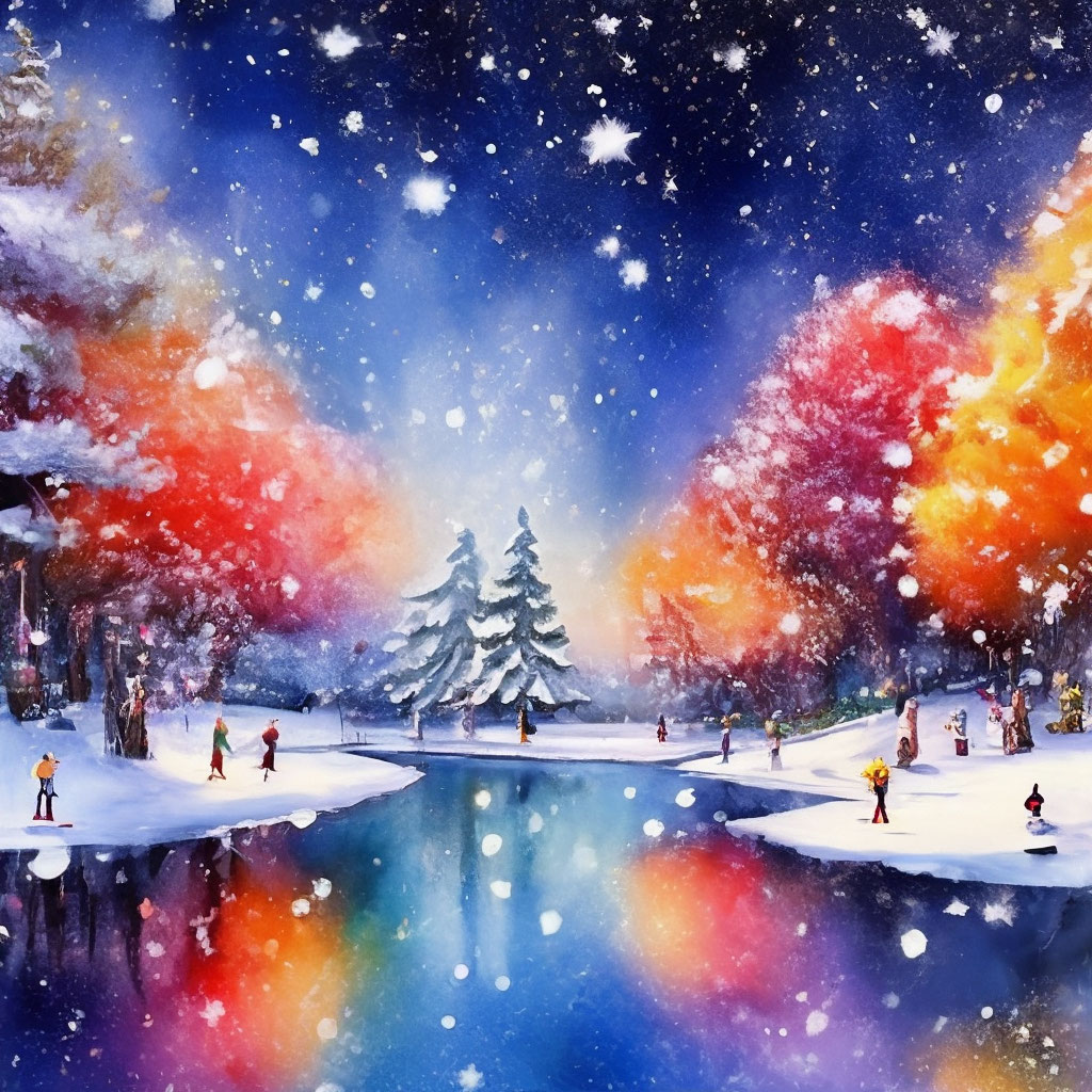 "Over the fruit lake, snow is falling, Christmas trees, watercolor ...