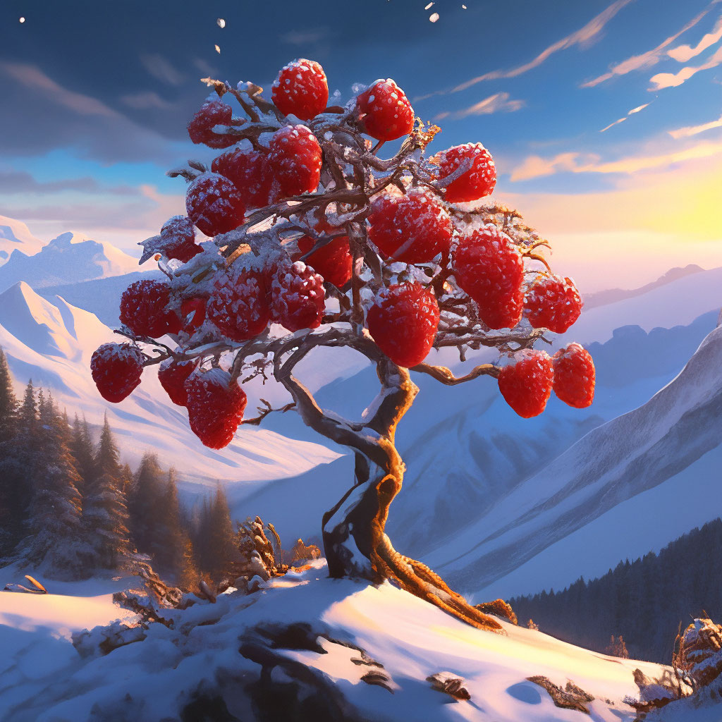 "A raspberry tree above the snow-capped mountains in the sunlight! 🏔️ ...