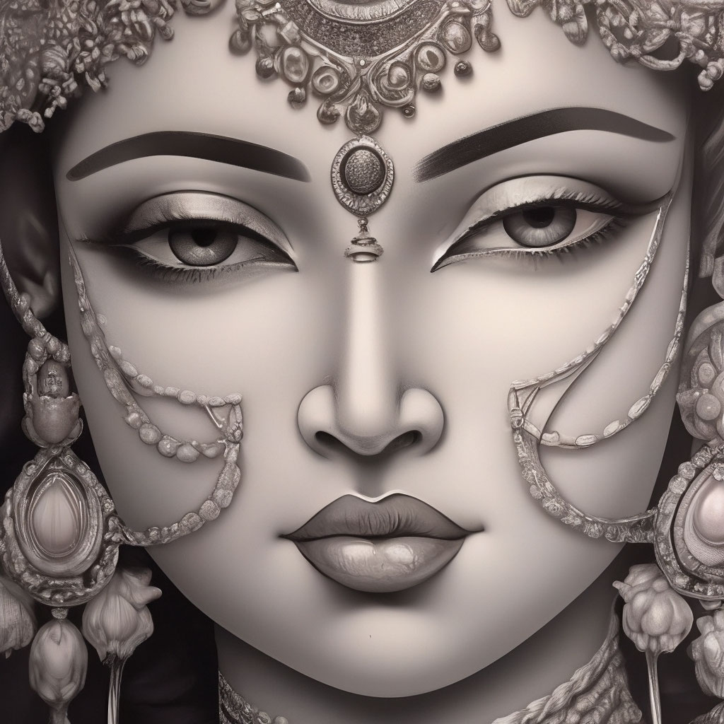 "Close-up,the face of the goddess Kali in the guise of Parvati ...