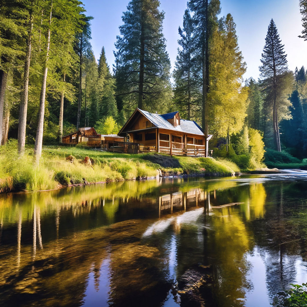 "A house in a clear forest clearing by a beautiful river" — image ...