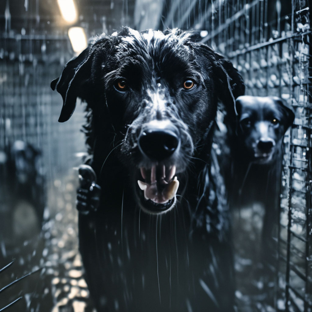 "Black dogs, aggression, heavy rain, netting" — image created in Shedevrum
