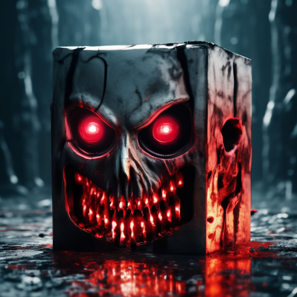 "Anthropomorphic cube, creep smile, symbiosis, gloomy, scarlet eyes ...