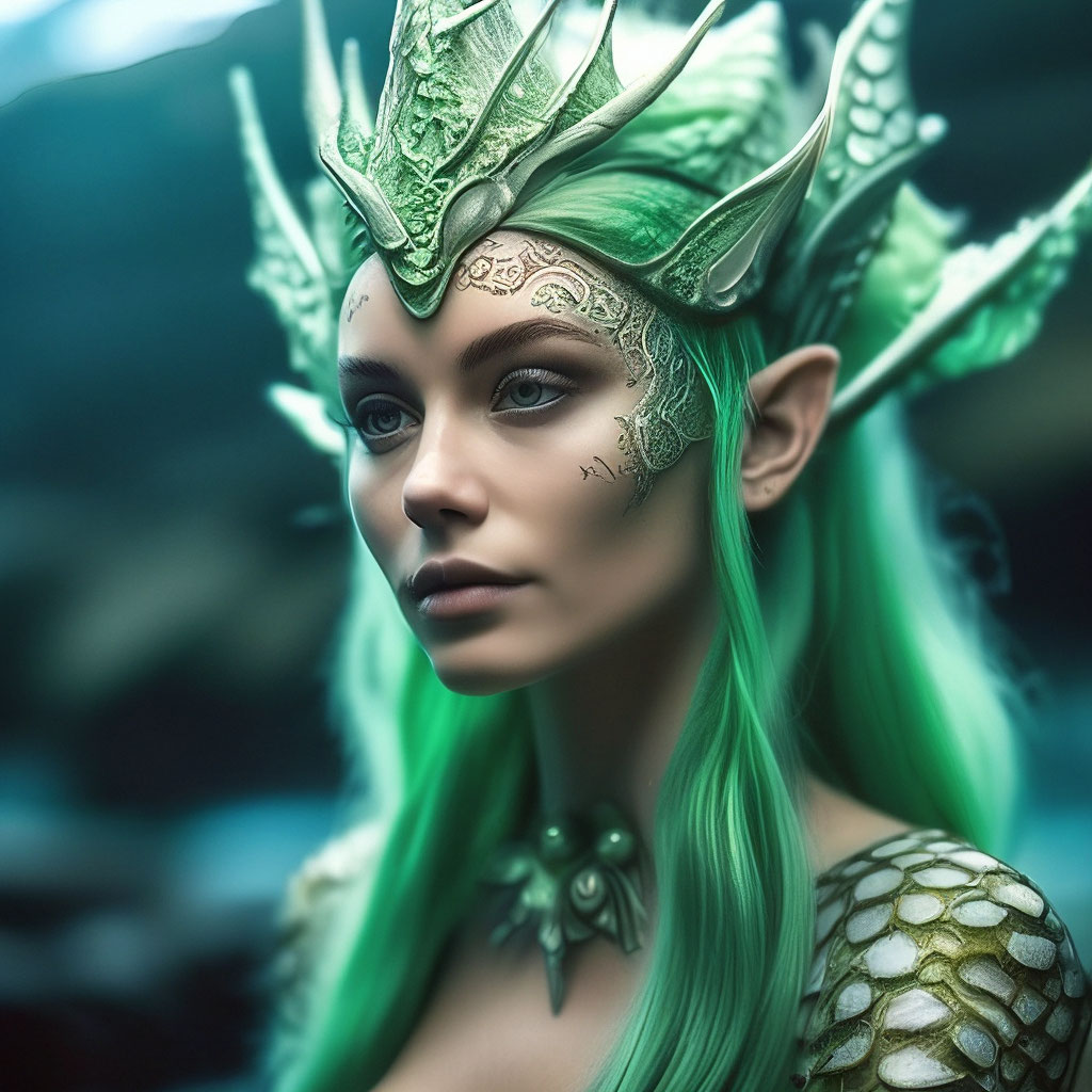 "Sea elf queen, scales on her face, green hair, underwater, beautiful ...