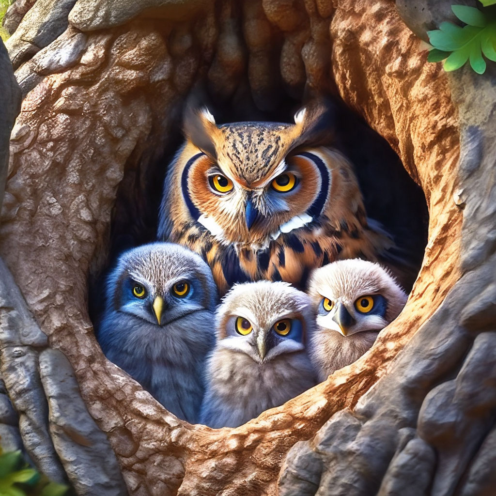 "An owl with his little owls, cubs and puppies hides in the hollow of a ...