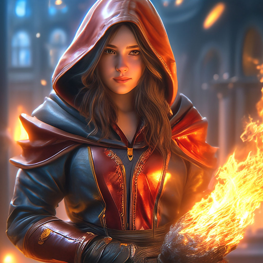 "Pyromancer girl, in a hoodie, leather armor,, holding fire in her hand ...