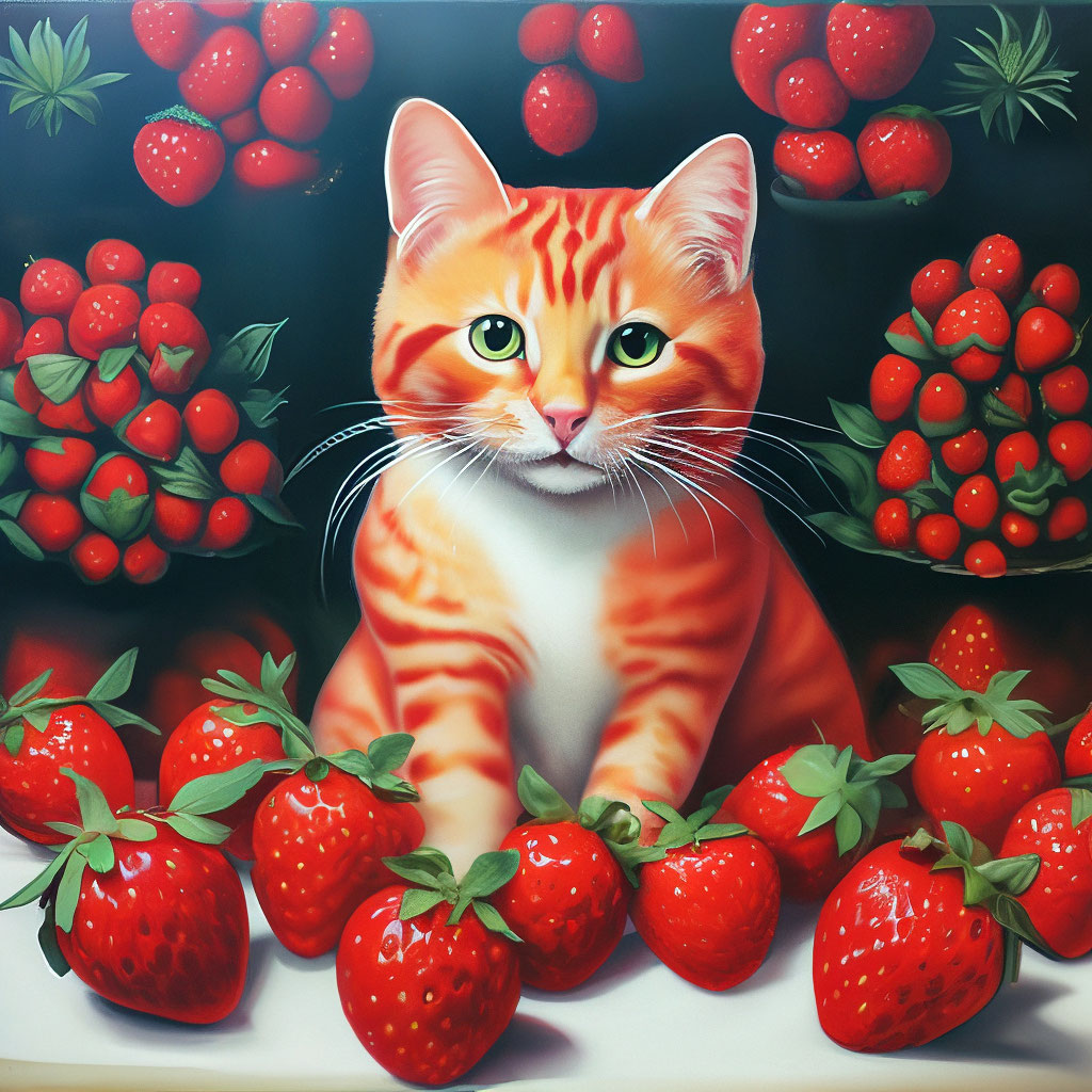 "Red cat with strawberries" — image created in Shedevrum
