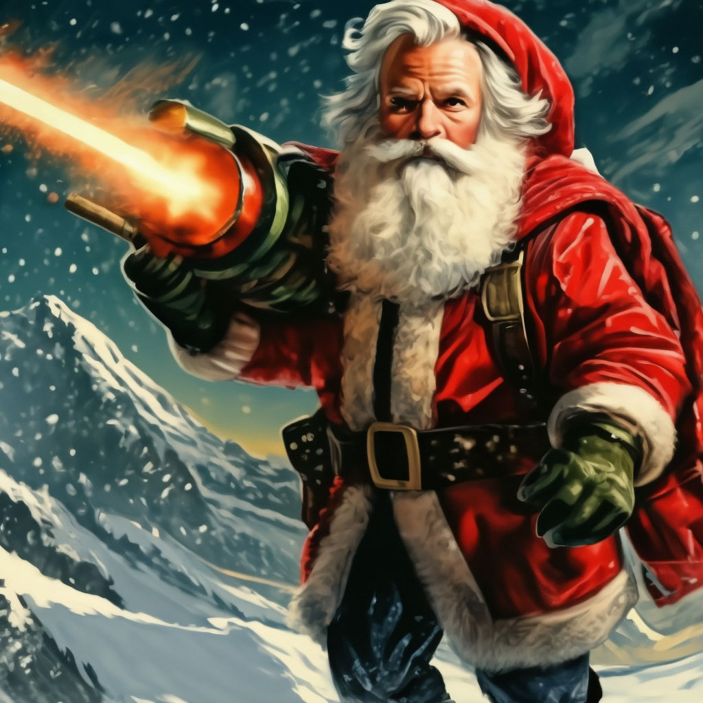 "Santa Claus with a rocket on his shoulder" — image created in Shedevrum
