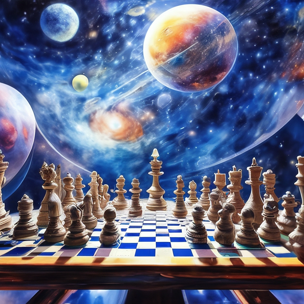 "Cosmic scale chess, aesthetically pleasing, beautiful, realistic ...