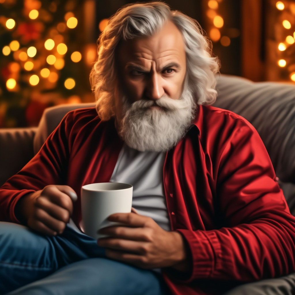 "Santa Claus at home, in a shirt and jeans, drinking tea, watching TV ...