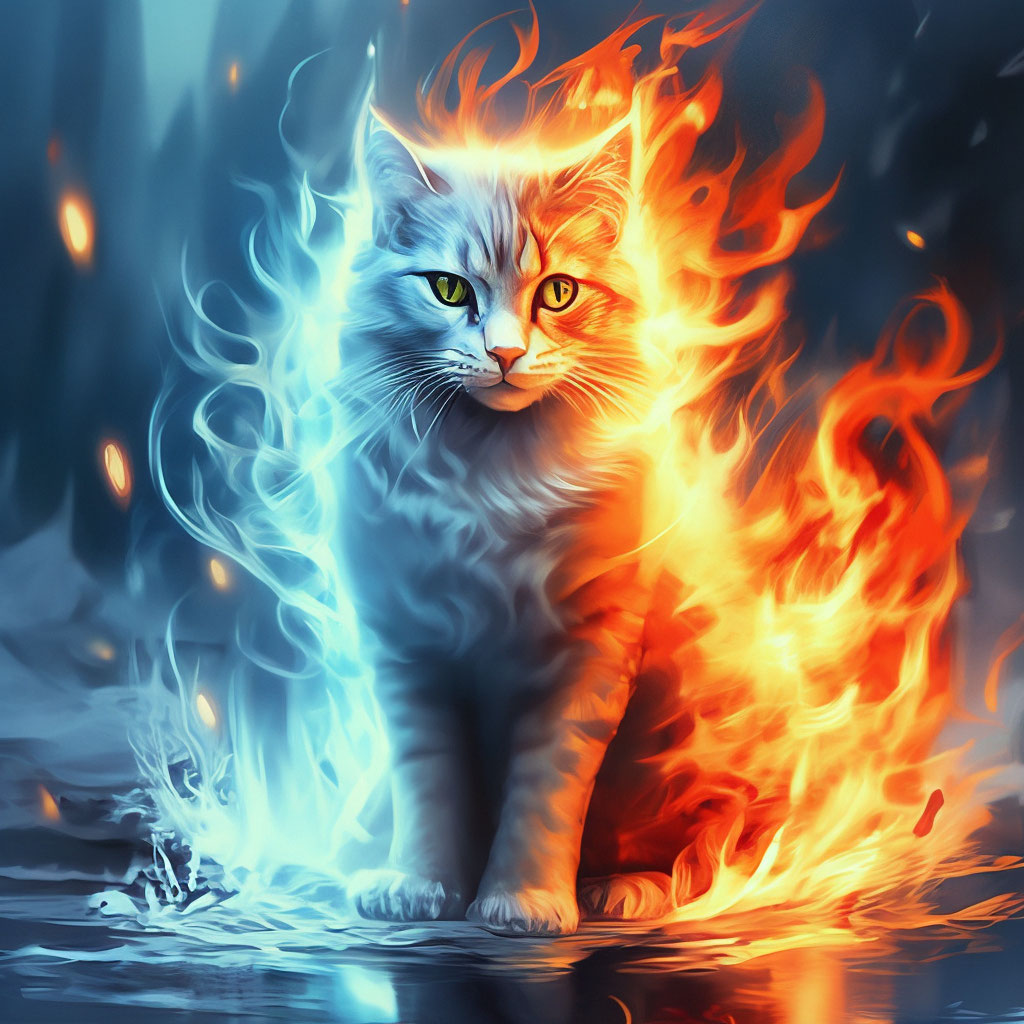 "Cat, fire and ice" — image created in Shedevrum