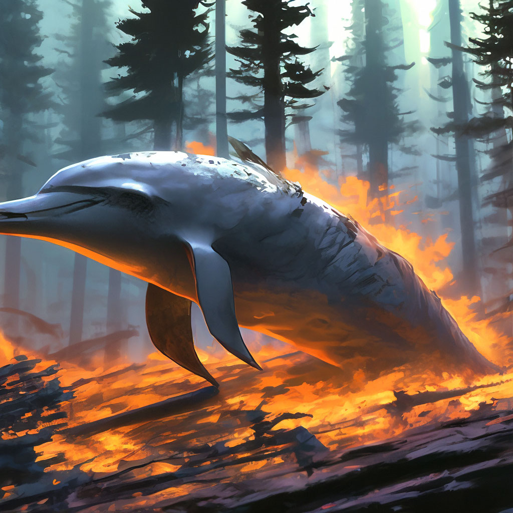 "An anthropomorphic dolphin lies in a mountain of ashes in the forest ...