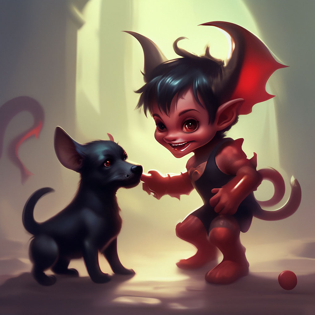 "A cute little demon playing with a dog" — image created in Shedevrum
