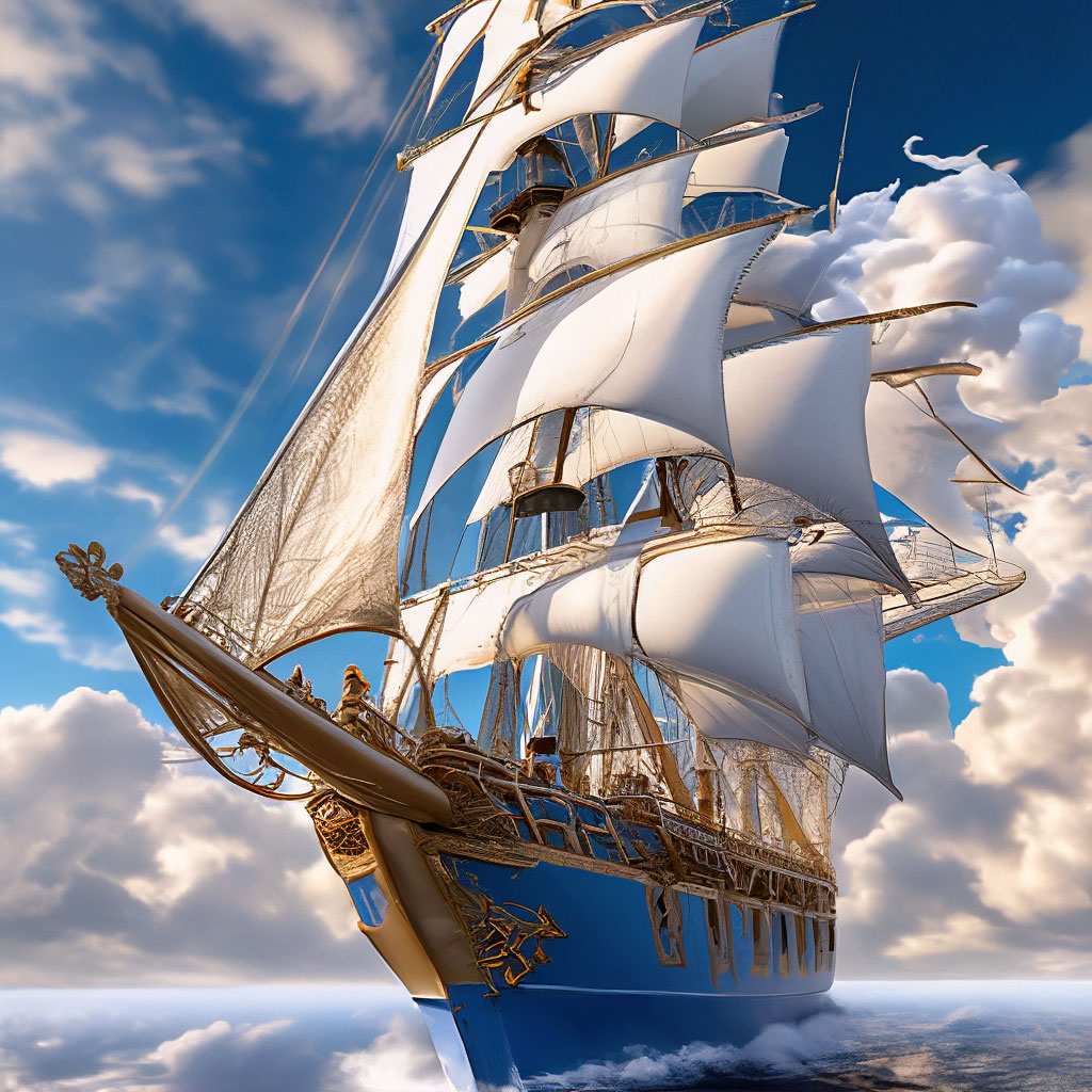 "Sailing ship flying in the clouds, white sails, blue sides,filigree ...