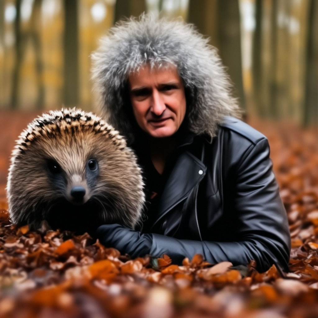 "Brian May and the big hedgehog. Autumn.Forest" — image created in ...