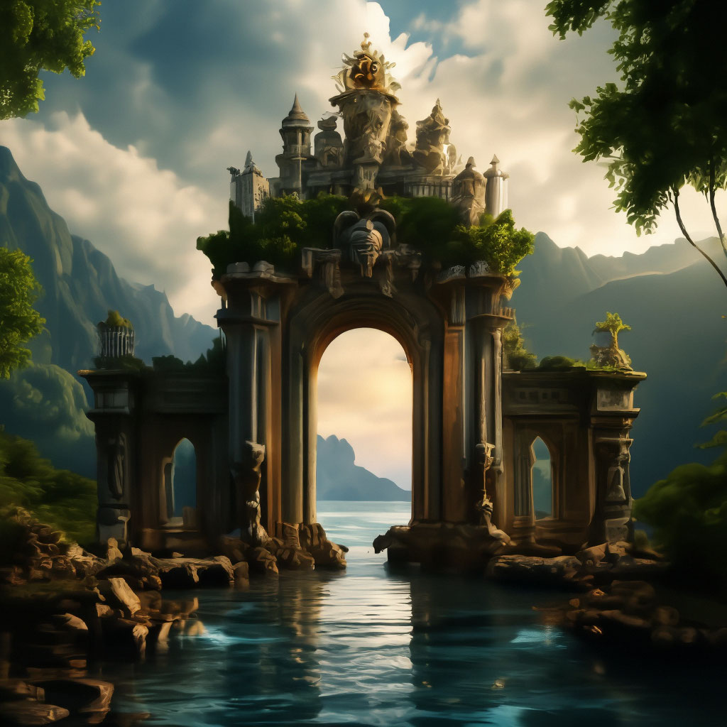 "Entrance to the island of dreams, fantasy" — image created in Shedevrum