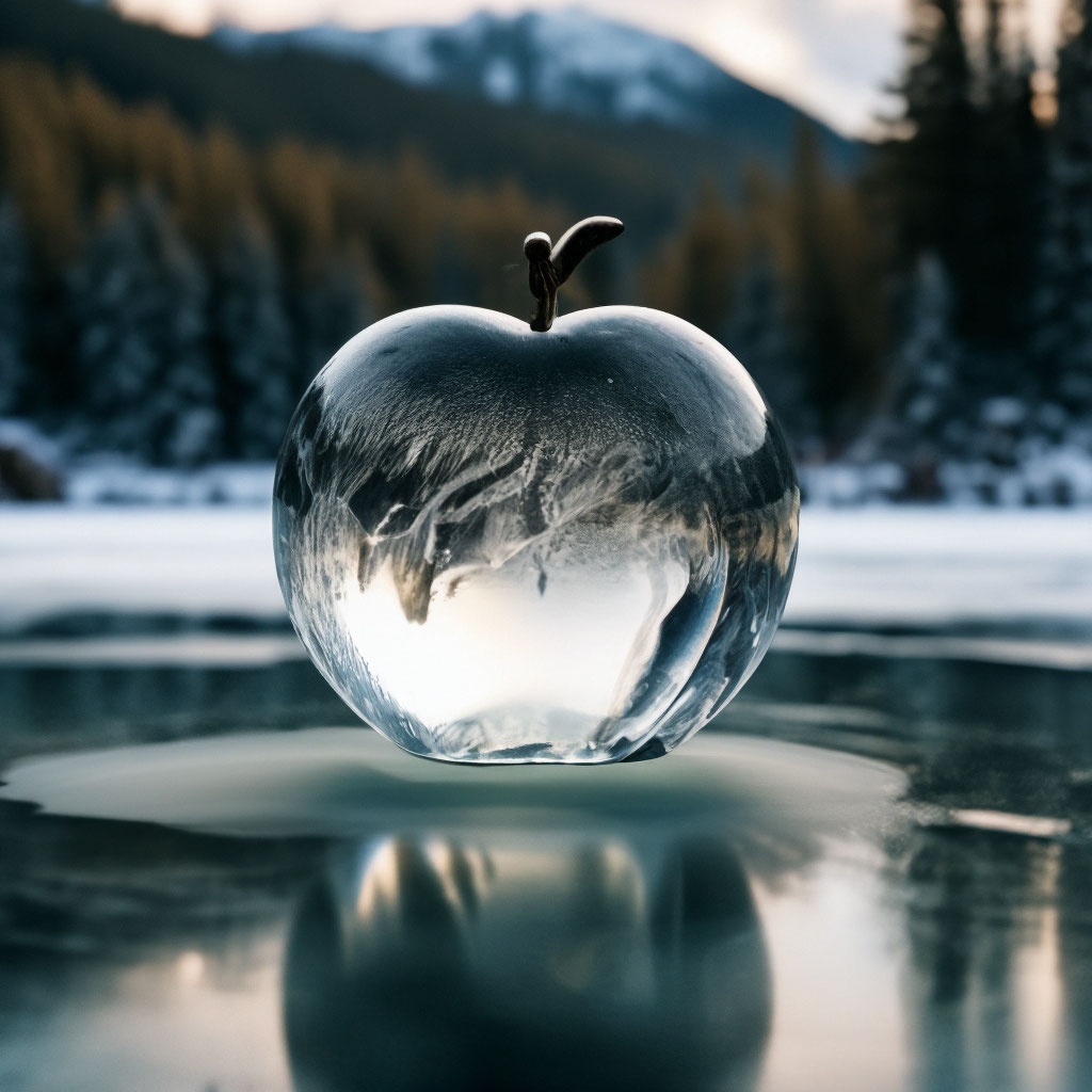"A crystal apple on the ice of a lake in the middle of a forest ...