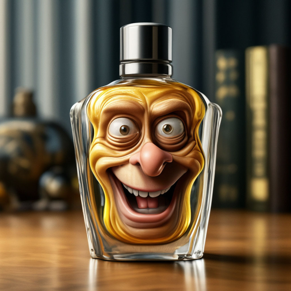 "Anthropomorphic cologne bottle, grotesque caricature hyperrealism ...