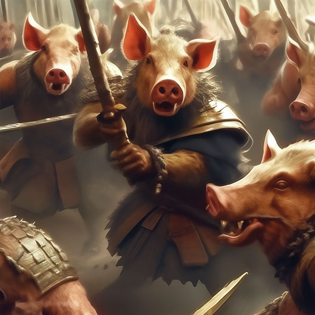 "Square pigs of pikemen, clutching pikes in their paws, go on the ...