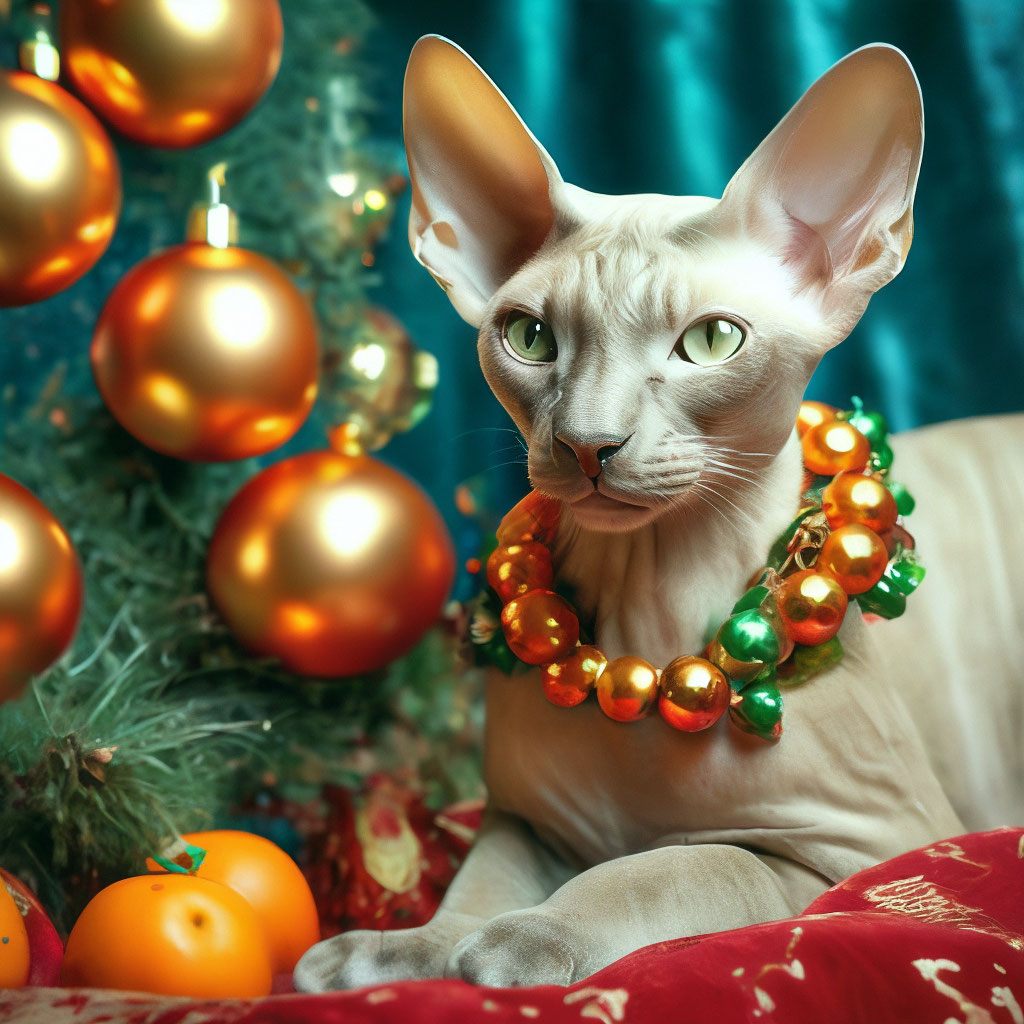 "Sphinx cat on the background of a Christmas tree, with ornaments on ...