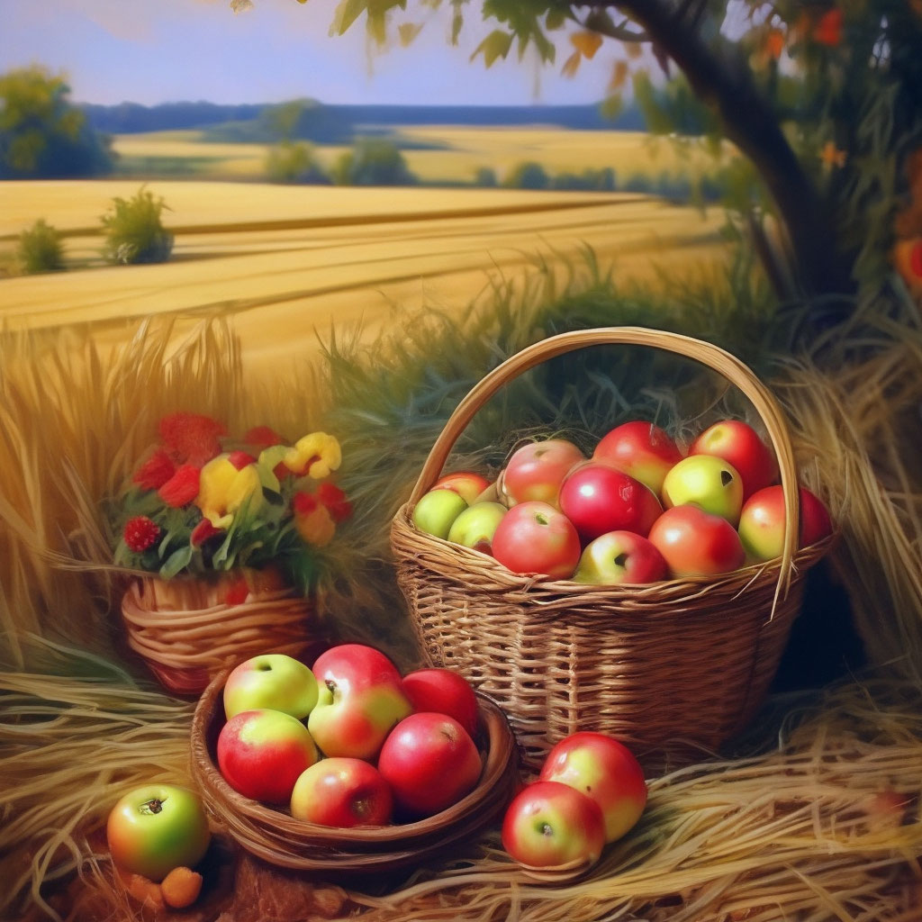 "Landscape, field, hay, baskets, apples, vasya bouquet" — image created ...
