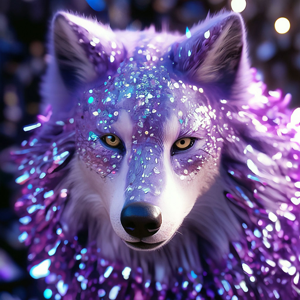 "Violet-lavender wolf, bright fluffy fur, sequins, different colors ...