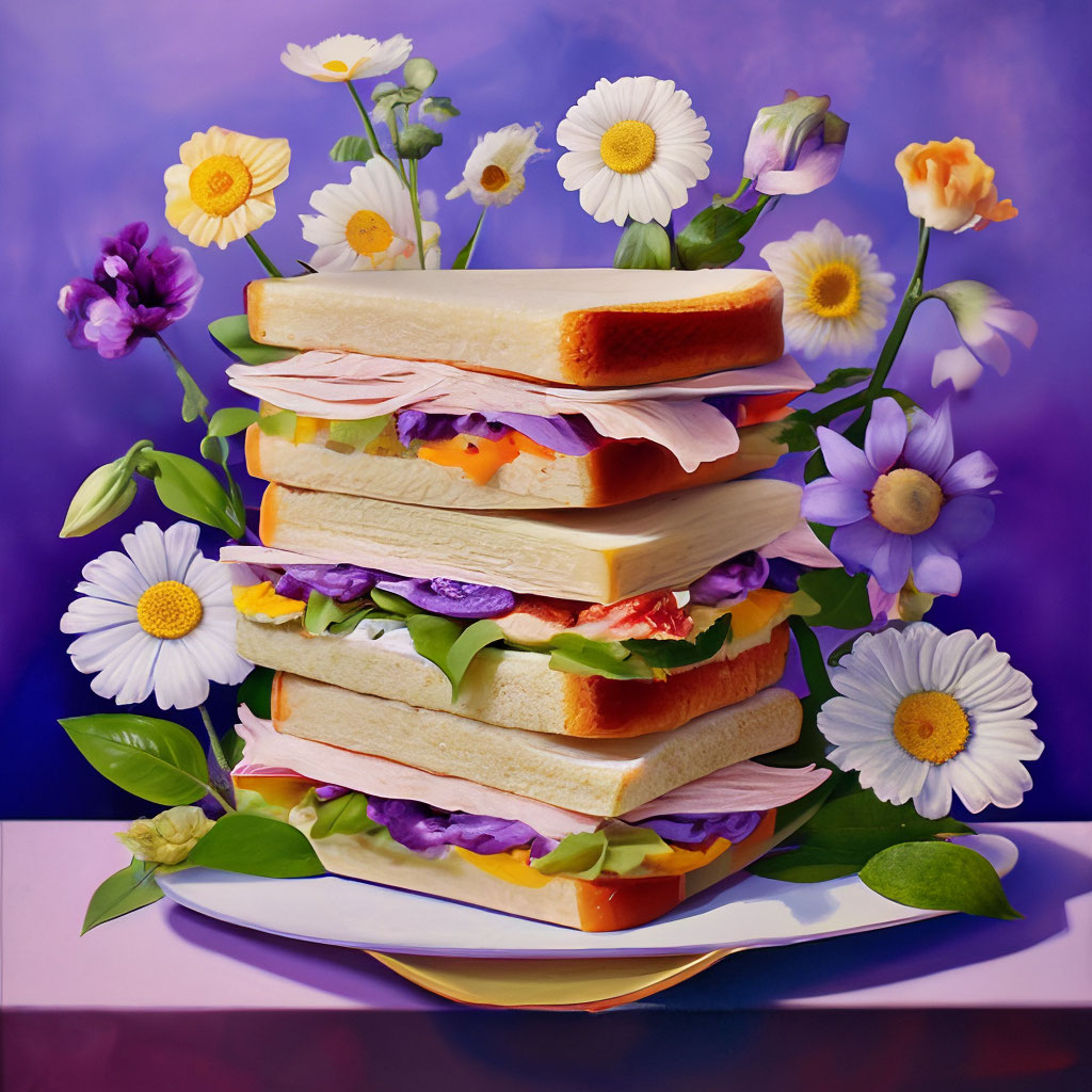 "Sandwich of bread, violets, daisies, lilies, futurism" — image created ...