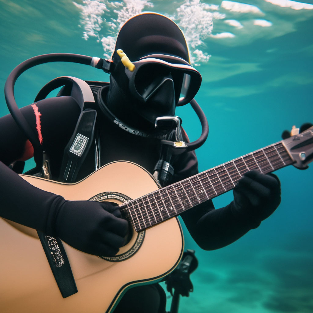 "Scuba diver underwater playing guitar" — image created in Shedevrum