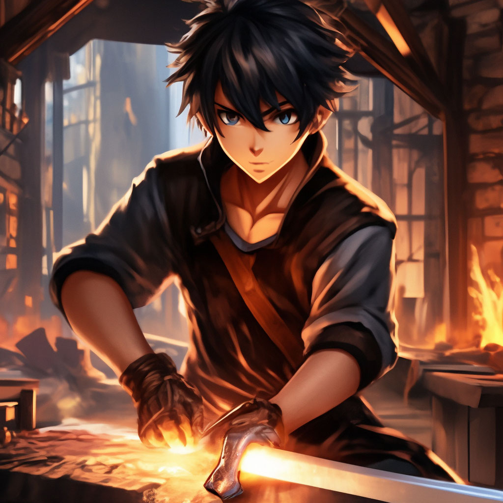 "An eighteen-year-old anime-style guy forges a magic sword in a forge ...