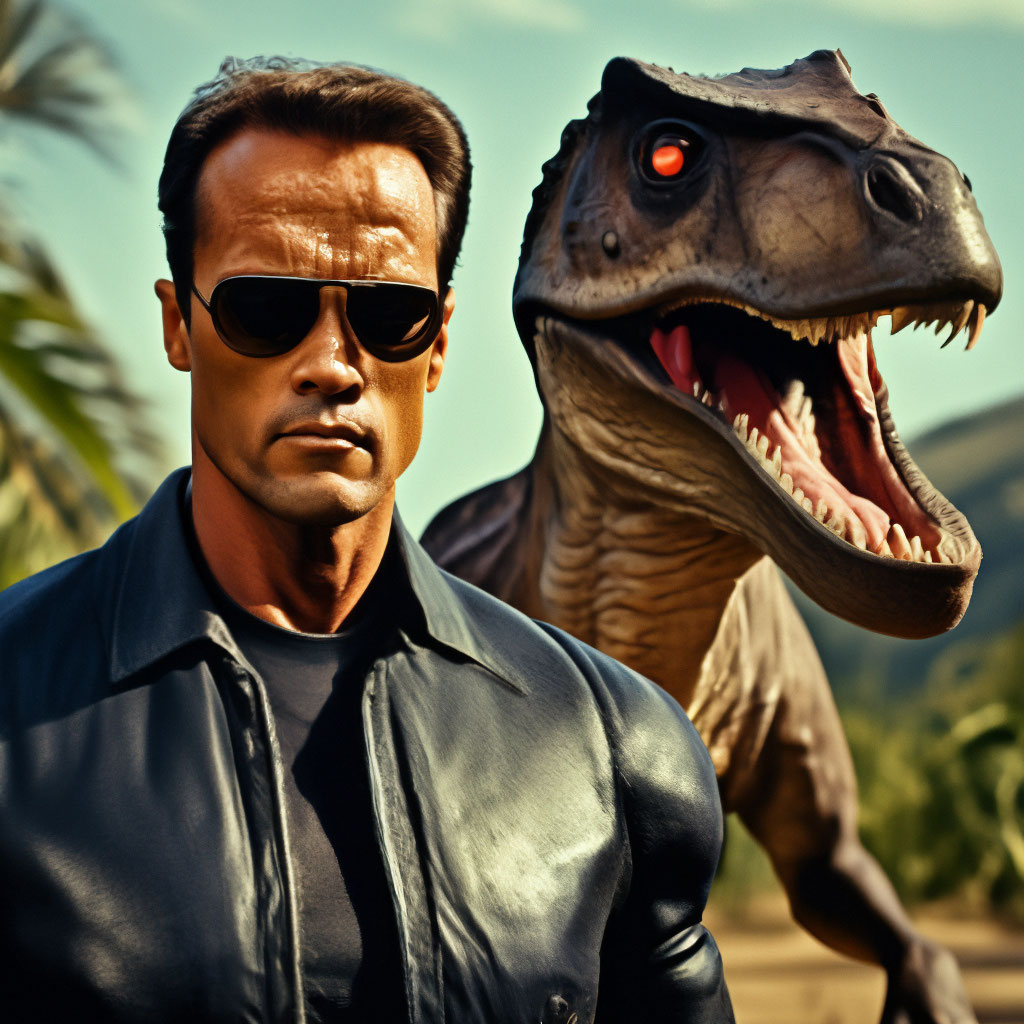 "Terminator and dinosaurs" — image created in Shedevrum