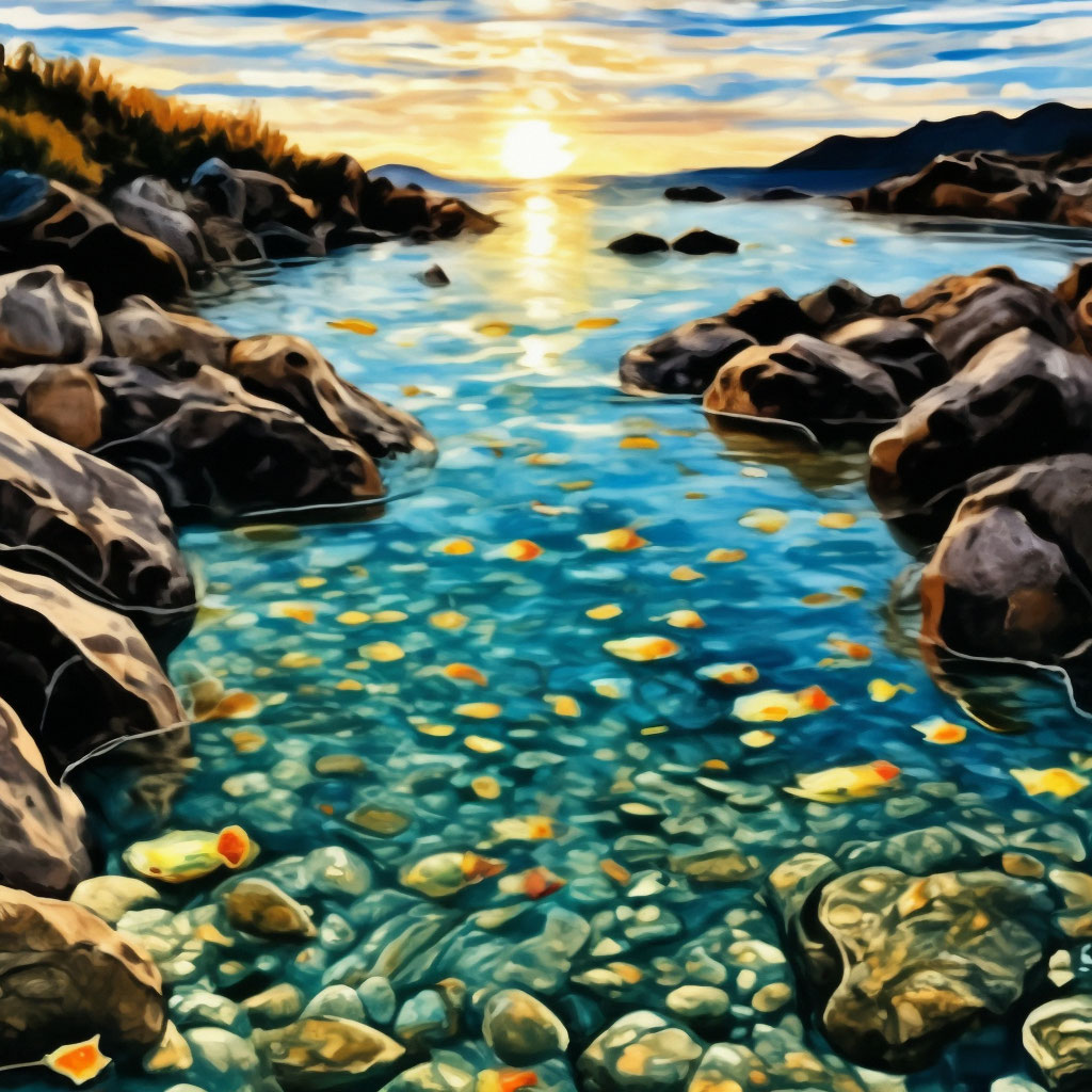 "Shallow shallow ocean pool, sand and stones can be seen through the ...