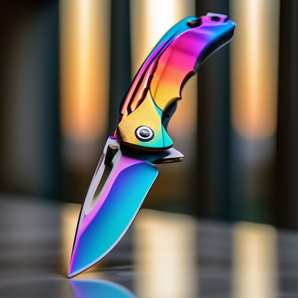 "Folding knife rainbow iron part , professional photo, 1/250s, 4k, f/2. ...