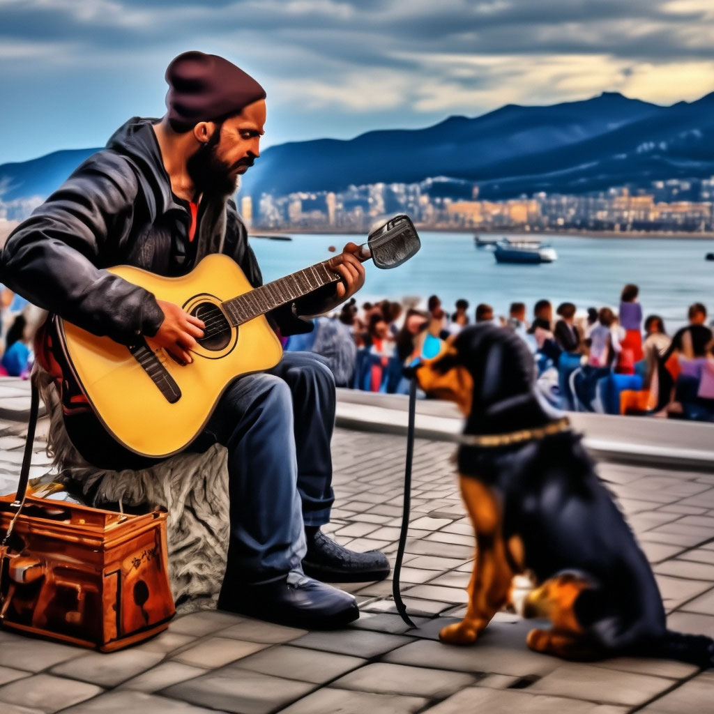 "Photography, HDR,Yalta embankment, street musician playing guitar ...