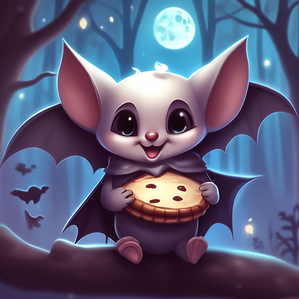 "Cute little bat, holding a pie in her hands, against the background of ...
