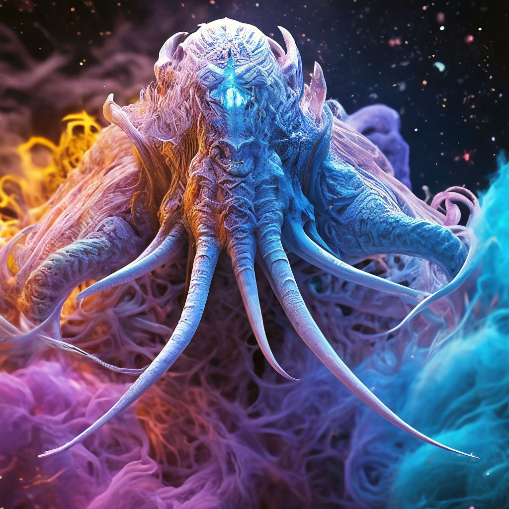 " Fantastic behemoth careful drawing of the skin, colored smoke ...
