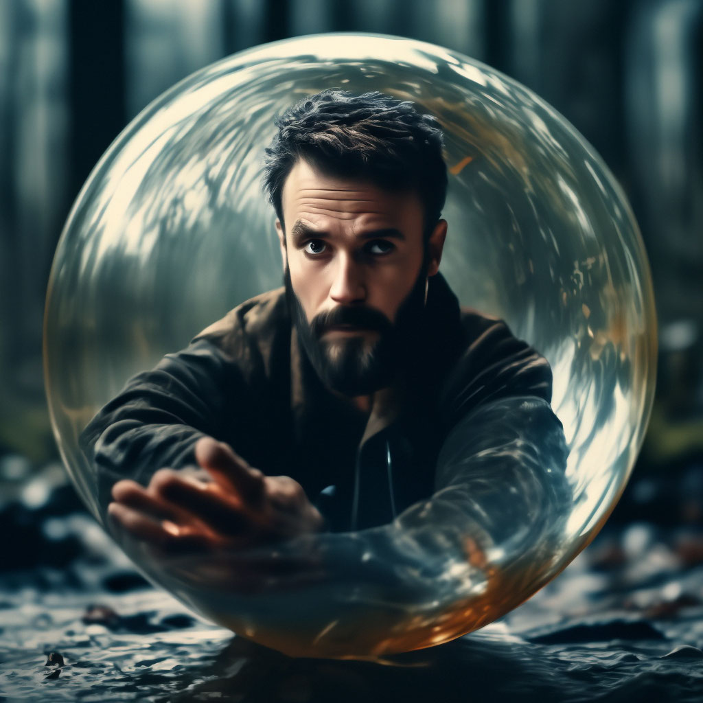 "A man is stuck in a crystal ball" — image created in Shedevrum