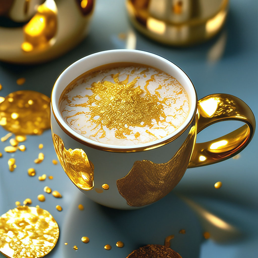 "Coffee is sprinkled with food grade gold, top view gold is visible in ...