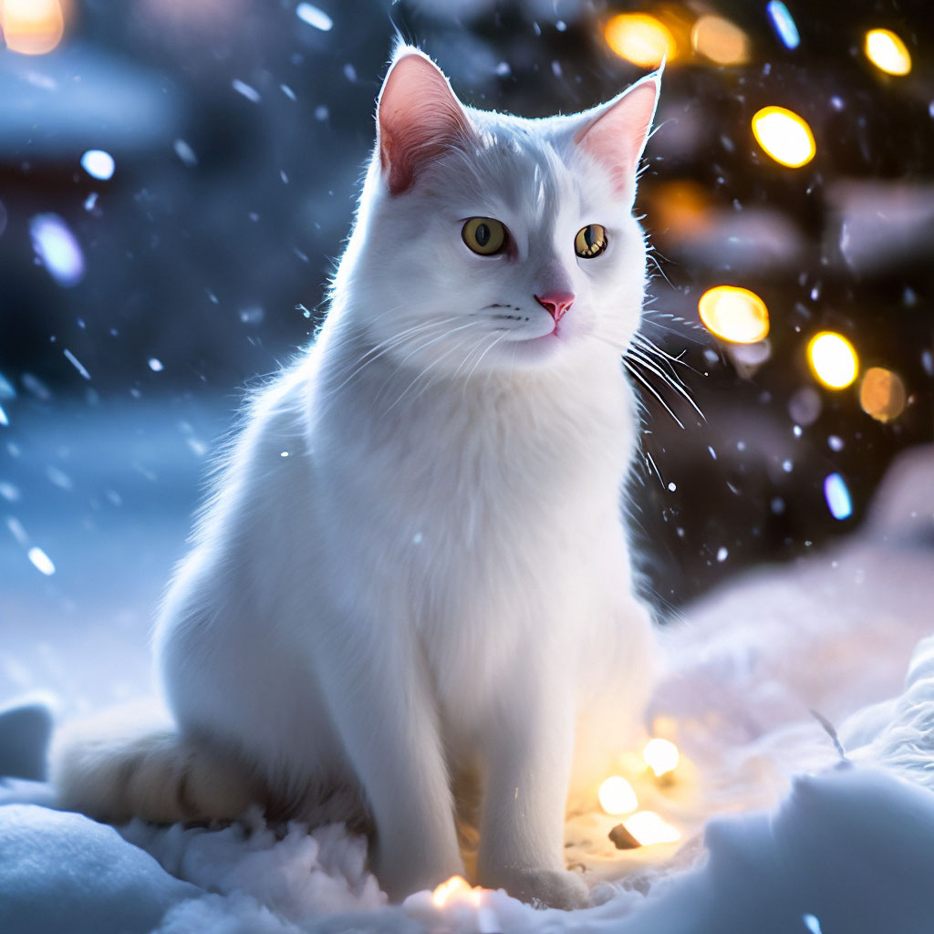 "A white cat is sitting in the snow and the new year is snowing ...