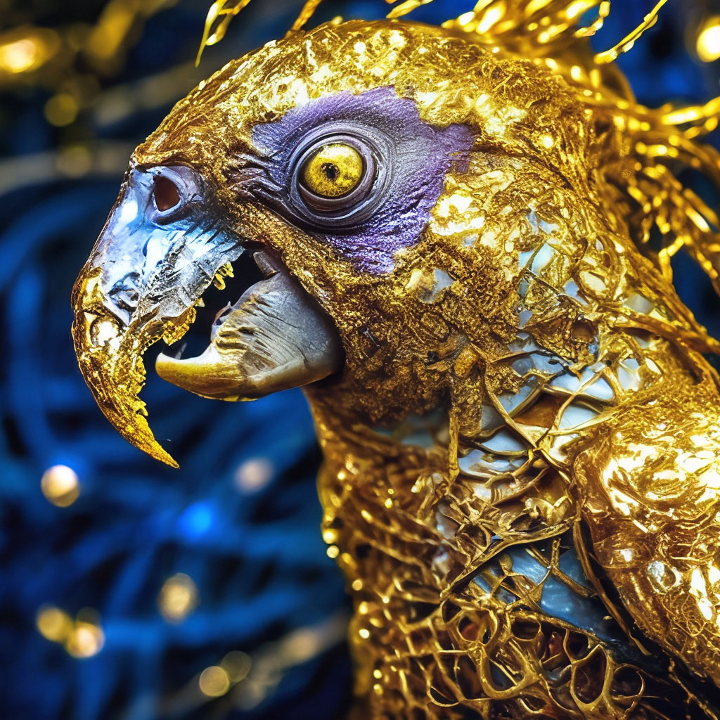 "Zombie parrot, detailed drawing, anthropomorphic golden threads ...